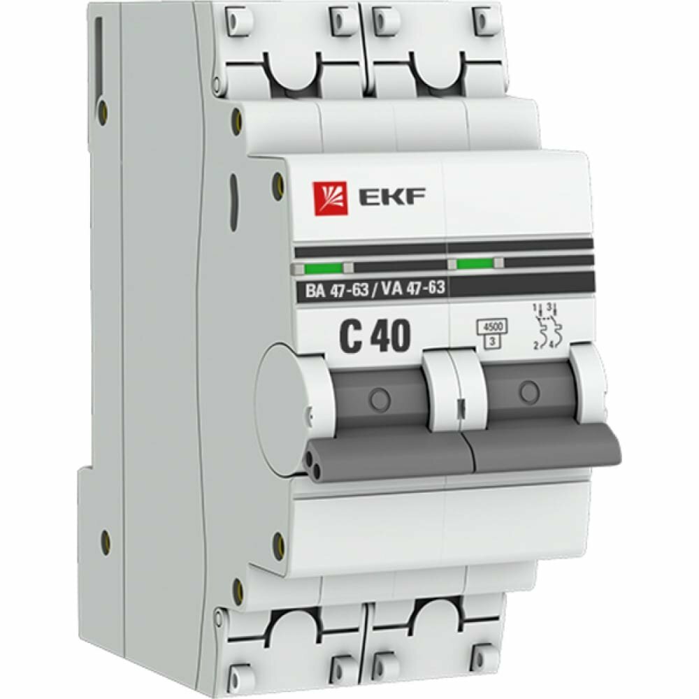 Автоматический выключатель EKF 2P 40А (C) 4,5kA ВА 47-63 PROxima mcb4763-2-40C-pro