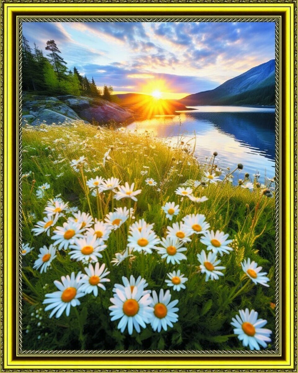 Алмазная мозаика на подрамнике размер 40х50 полная выкладка. Ромашки на закате у реки