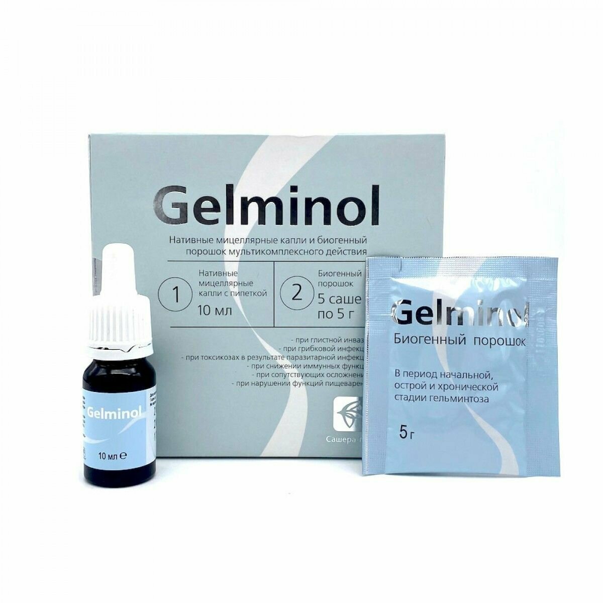 Gelminol (гельминол, при глистной инвазии) капли 10 мл + 5 саше по 5 грамм. Сашера-Мед