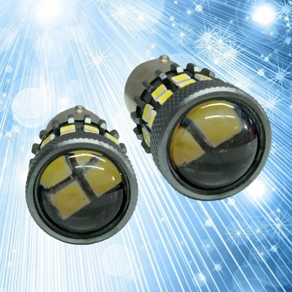 Комплект светодиодных ламп для авто цоколь P21W BA15S (1156) 54 SMD 2835 12V 6000K белый свет линза bipolar в ДХО/габариты/задний ход, 2 штуки