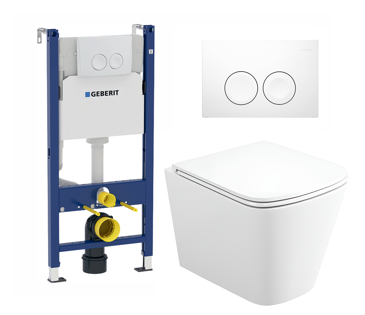 Комплект 3 в 1 инсталляция Geberit Duofix + Унитаз подвесной Enio Binario Tornado 1.0 + кнопка белая круг