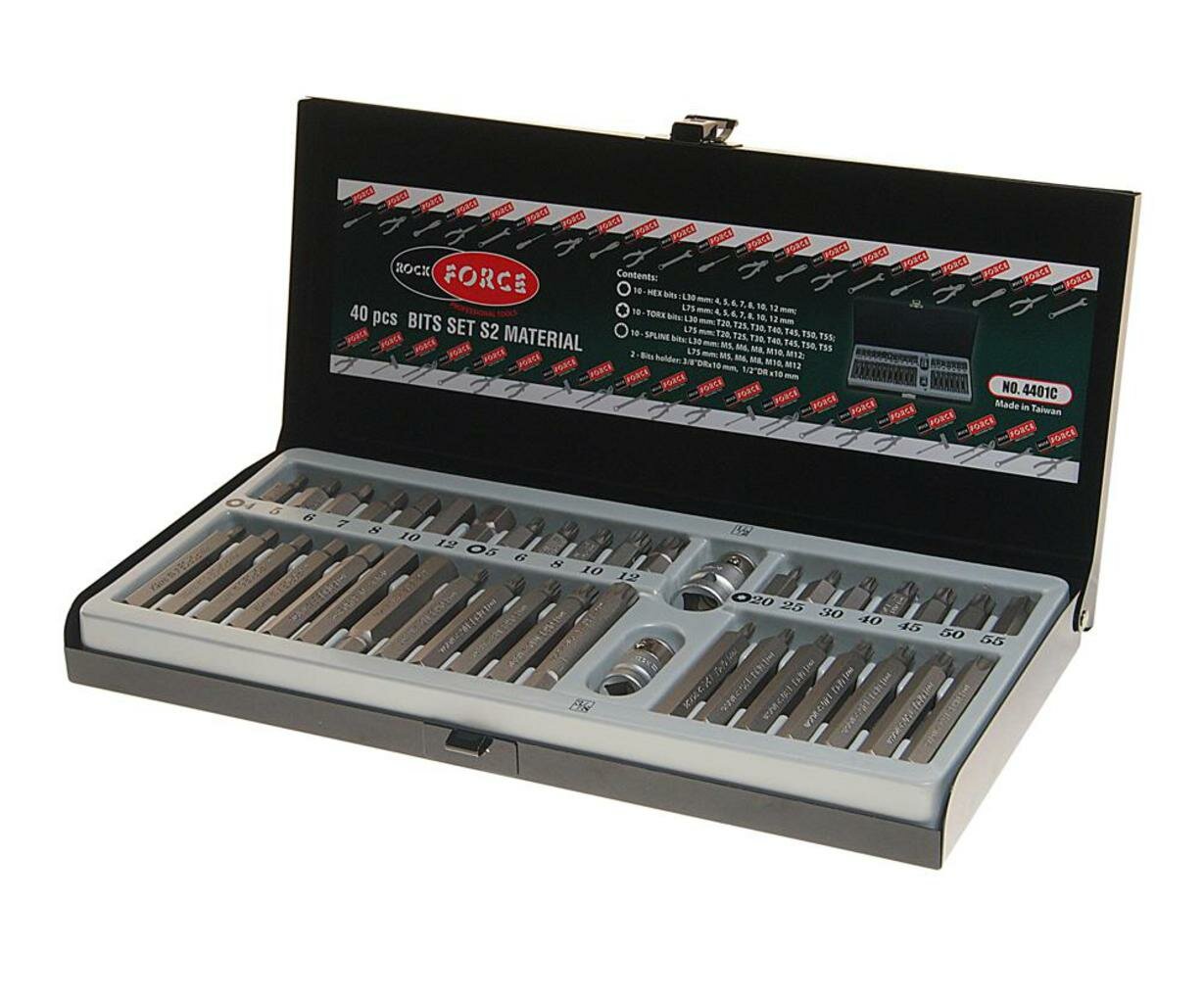 Набор бит 1/2" 3/8" TORX T20-55 HEX H4-12мм SPLINE M5-12 2 держателя 40 предметов в кейсе ROCKFORCE