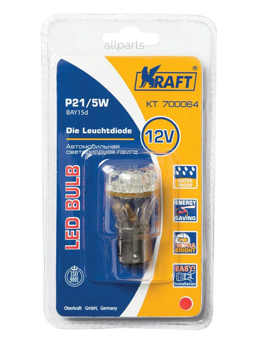 KRAFT KT700064 светодиод 12V Р21/5W BAY15D S25 12LED 2-Х конт.(УК. ПОВ, Стоп) красный блистер (KRAFT) КТ 700064