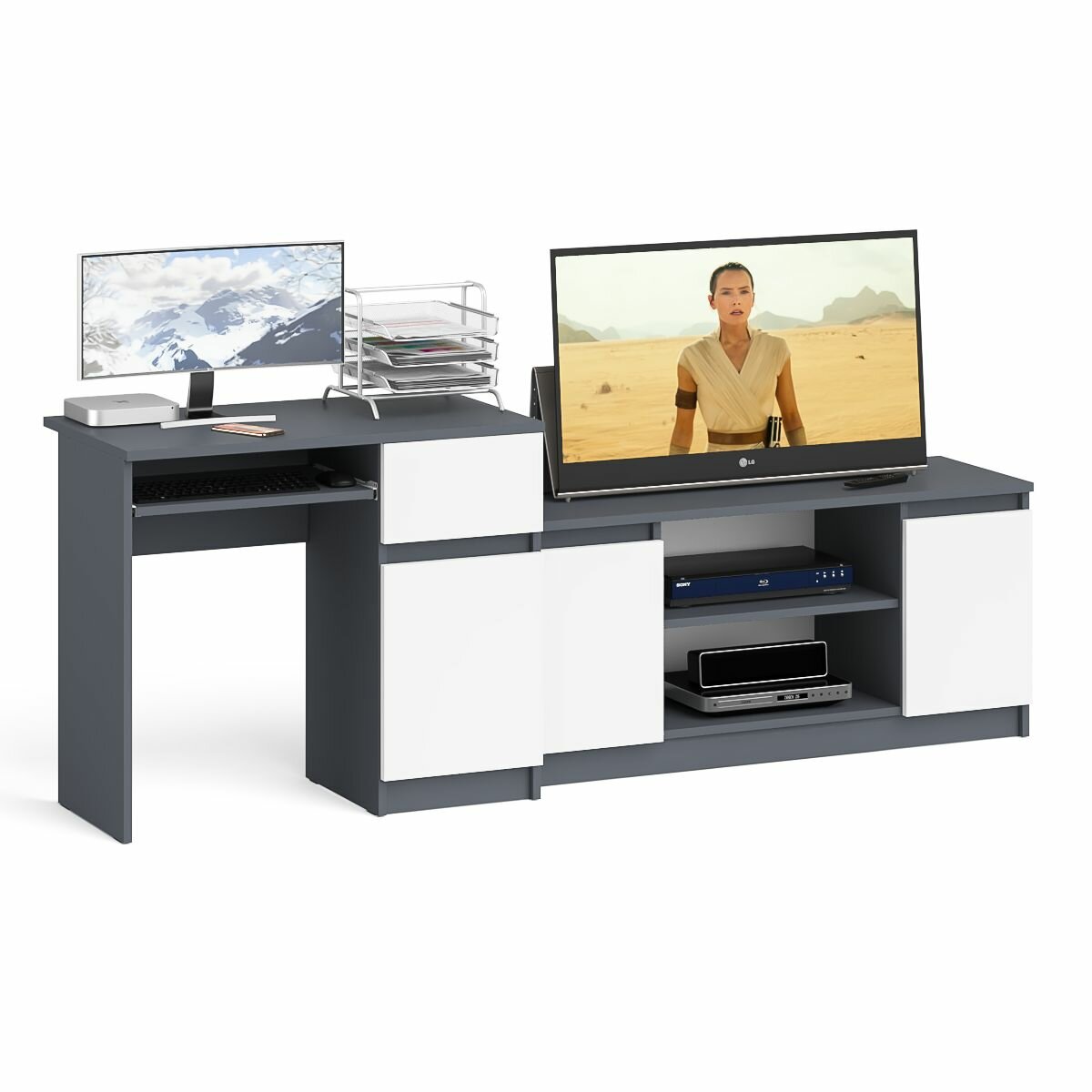 Компьютерный стол СВК Мори МС-1 правый с тумбой цвет графит/белый, 210,4х50х76,6 см.