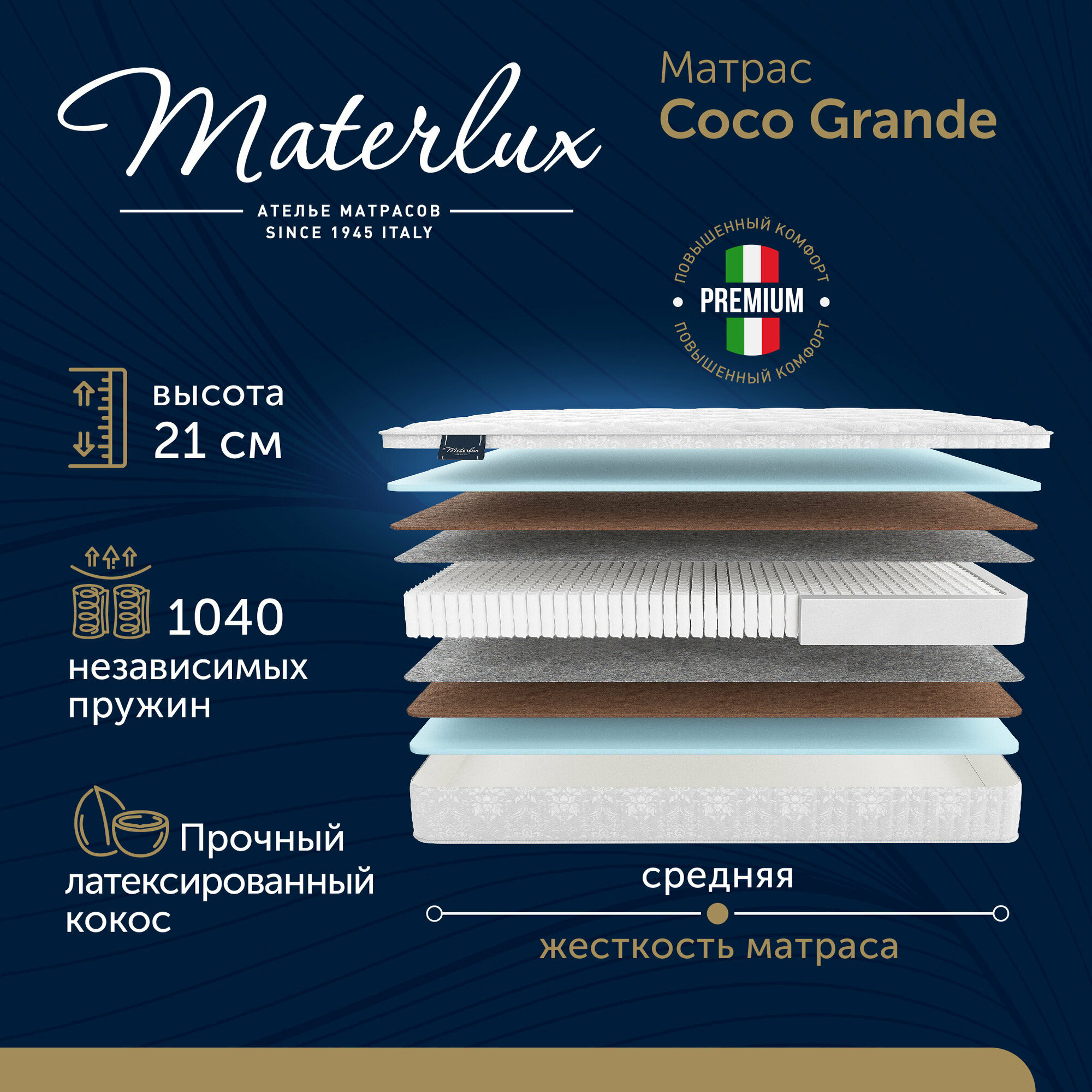 Матрас Materlux Coco Grande 160х200 серии Esclusivo высота 21 см анатомический средней жесткости кокосовый Независимые