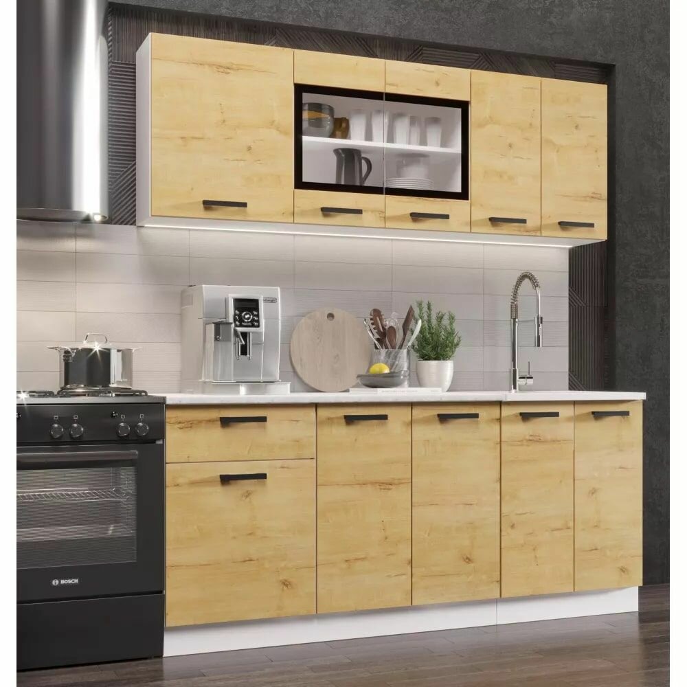 Кухонный гарнитур (кухня)Хозяюшка 2м, корпус белый ЛДСП фасад Дуб вотан ЛДСП столешница Калакатта 1,2м 2060х2000х600 ЭРА