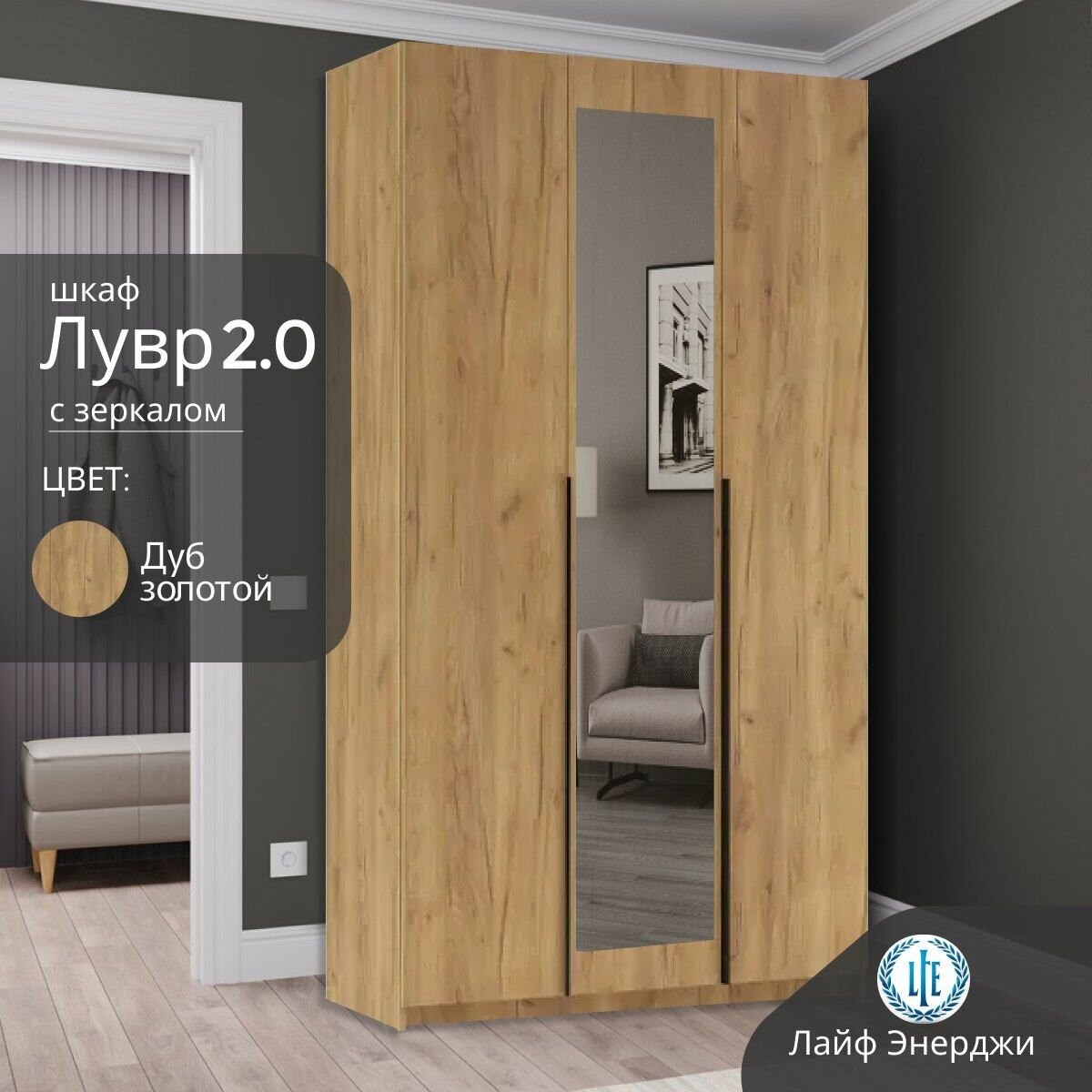 Шкаф распашной для одежды Лувр 2.0 с зеркалом дуб золотой, 3-х дверный, с доводчиками, полками и штангой, 120.1х50.6х221.6 см