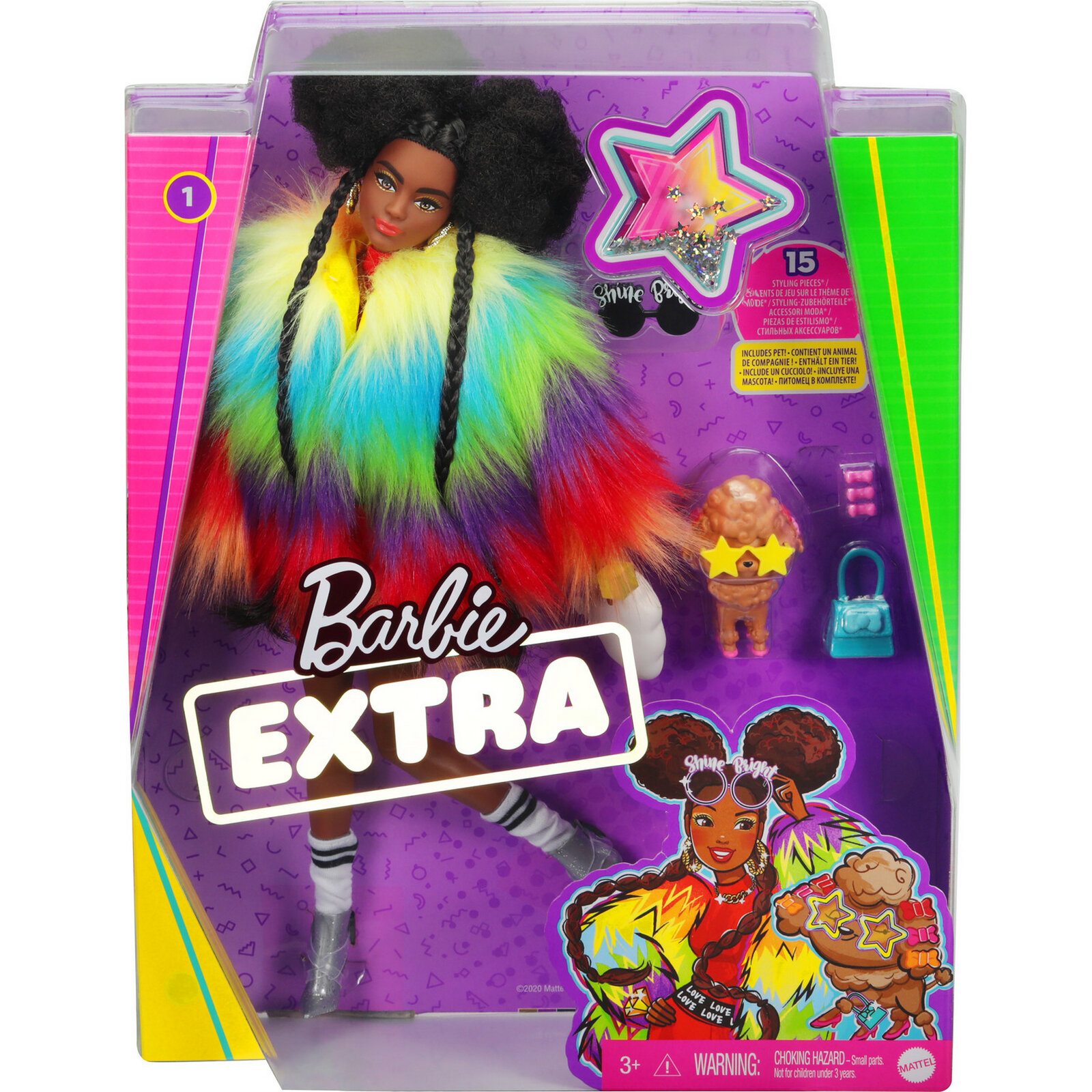 Барби Экстра Стильная Модница в радужной шубке мулатка - Barbie Extra Doll #1 in Furry Rainbow Coat with Pet Poodle