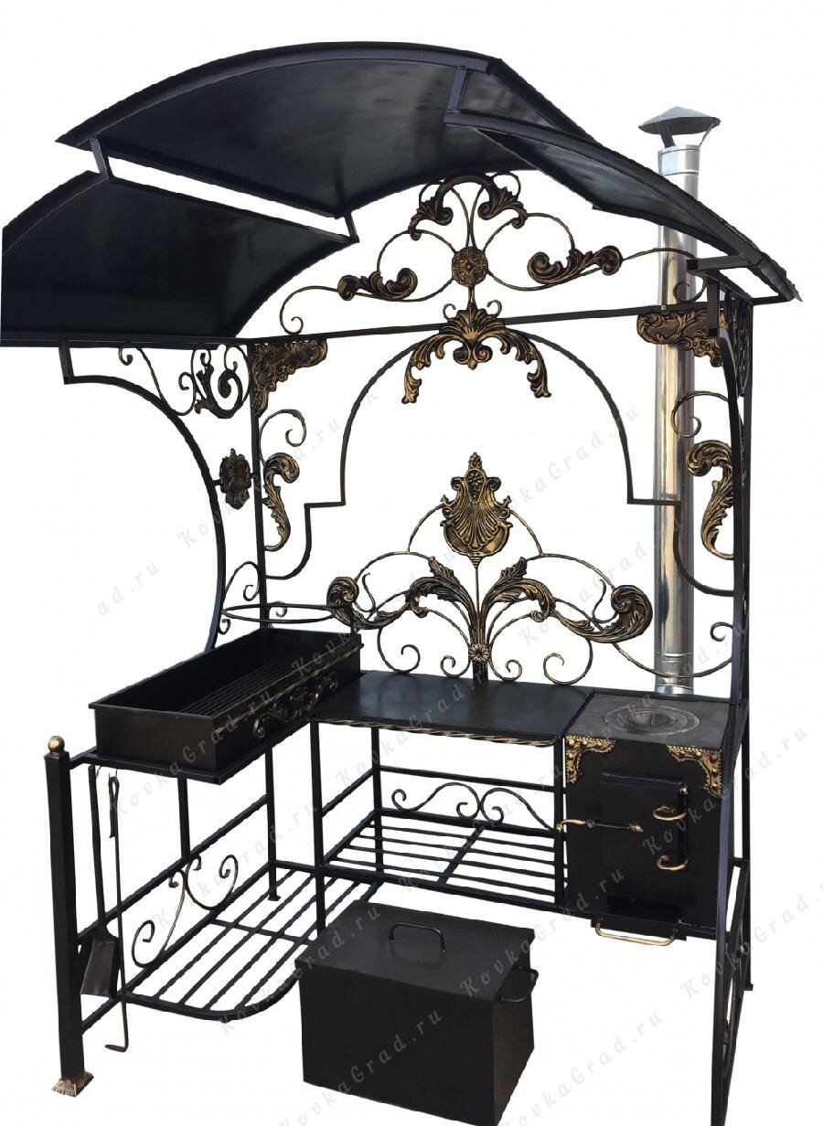 Мангал с печью и дымоходом "Август" с коптильней нержавейки