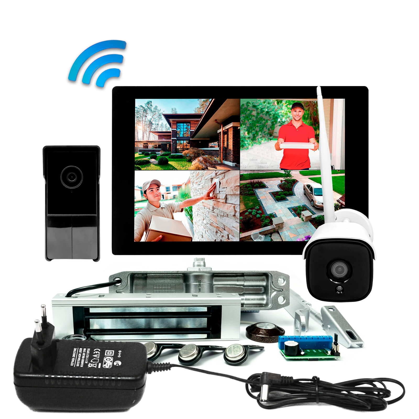 Беспроводной видеодомофон с камерой и электромагнитным замком - SkyNet (1+1+180G) 1000 (C72858IW): Wi-Fi HD монитор 10 дюймов, 3mp вызывная Wi-Fi па