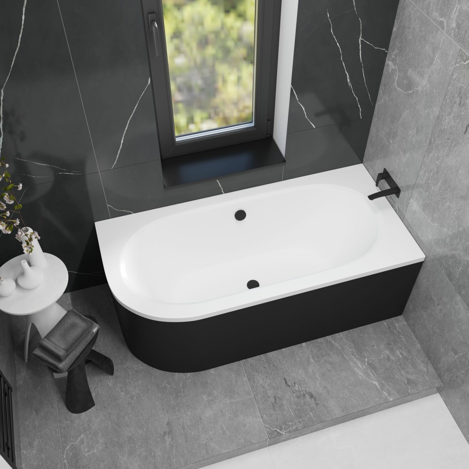 Ванна акриловая 180х80 Helmken Marbella Lux комплект 3 в 1: правосторонняя ванна, ножки, лицевой экран черного цвета