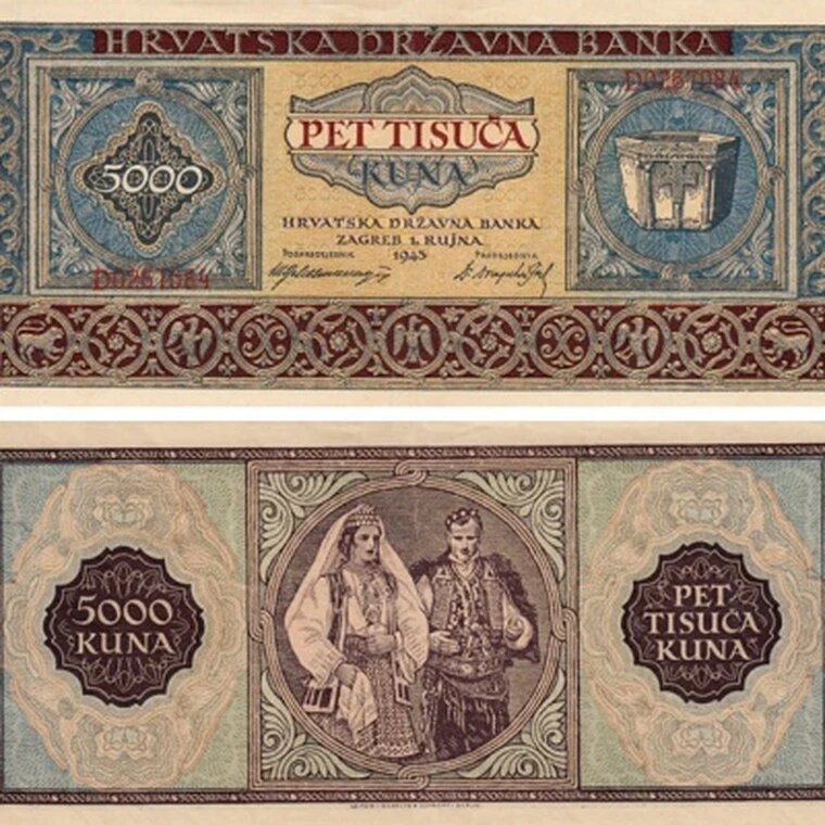 5000 кун 1943 Хорватия 2 выпуск, сувенирная копия, банкноты и купюры редкие коллекционные