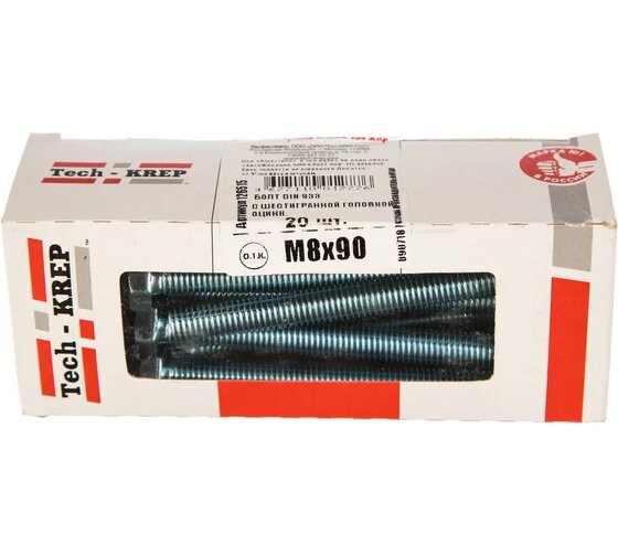 Болт DIN 933 с шестигранной головкой, оцинкованный М8х90, 20шт - коробка Tech-Krep 126515