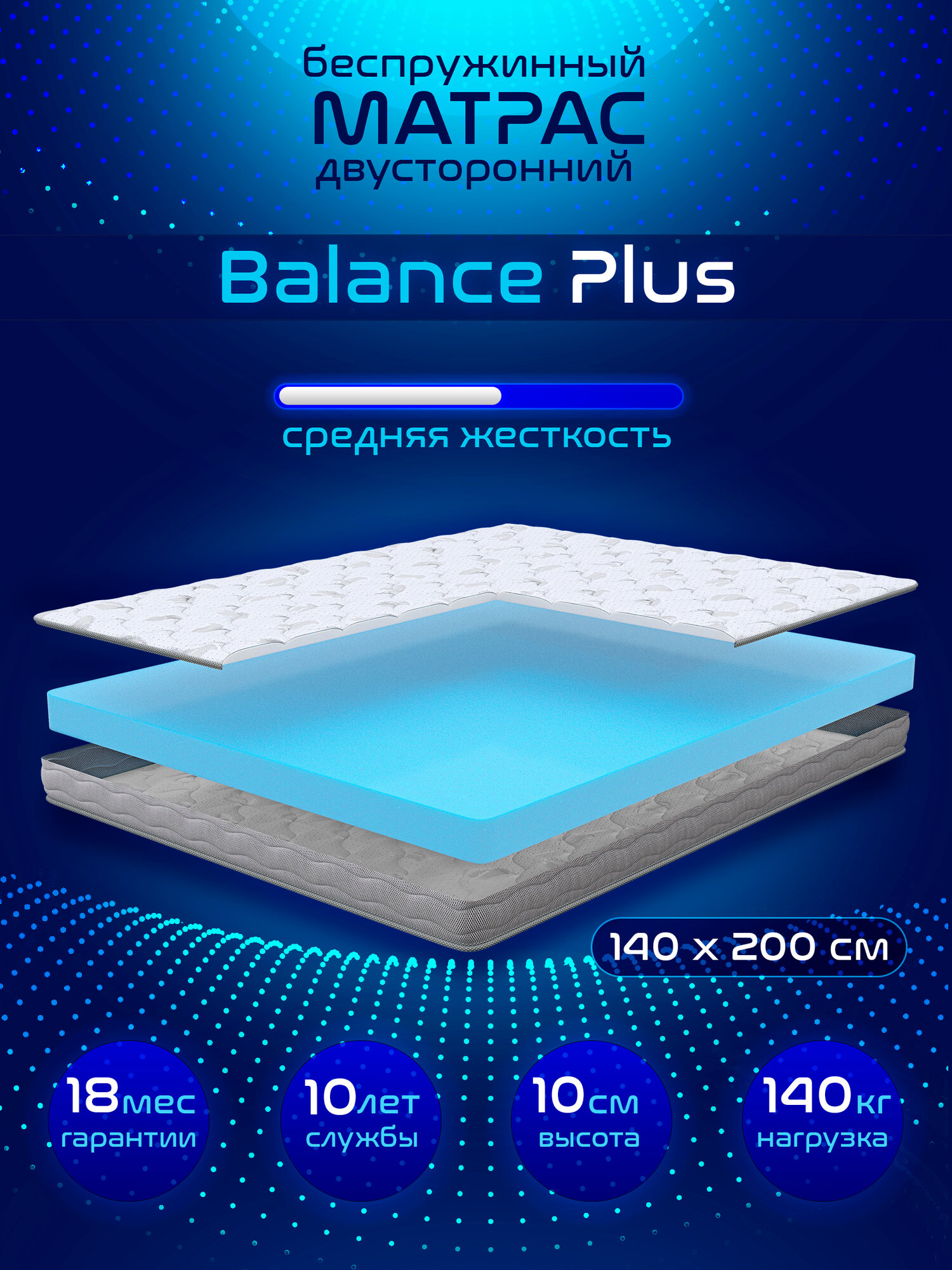 Матрас беспружинный, 140х200, ортопедический, анатомический, Balance Plus