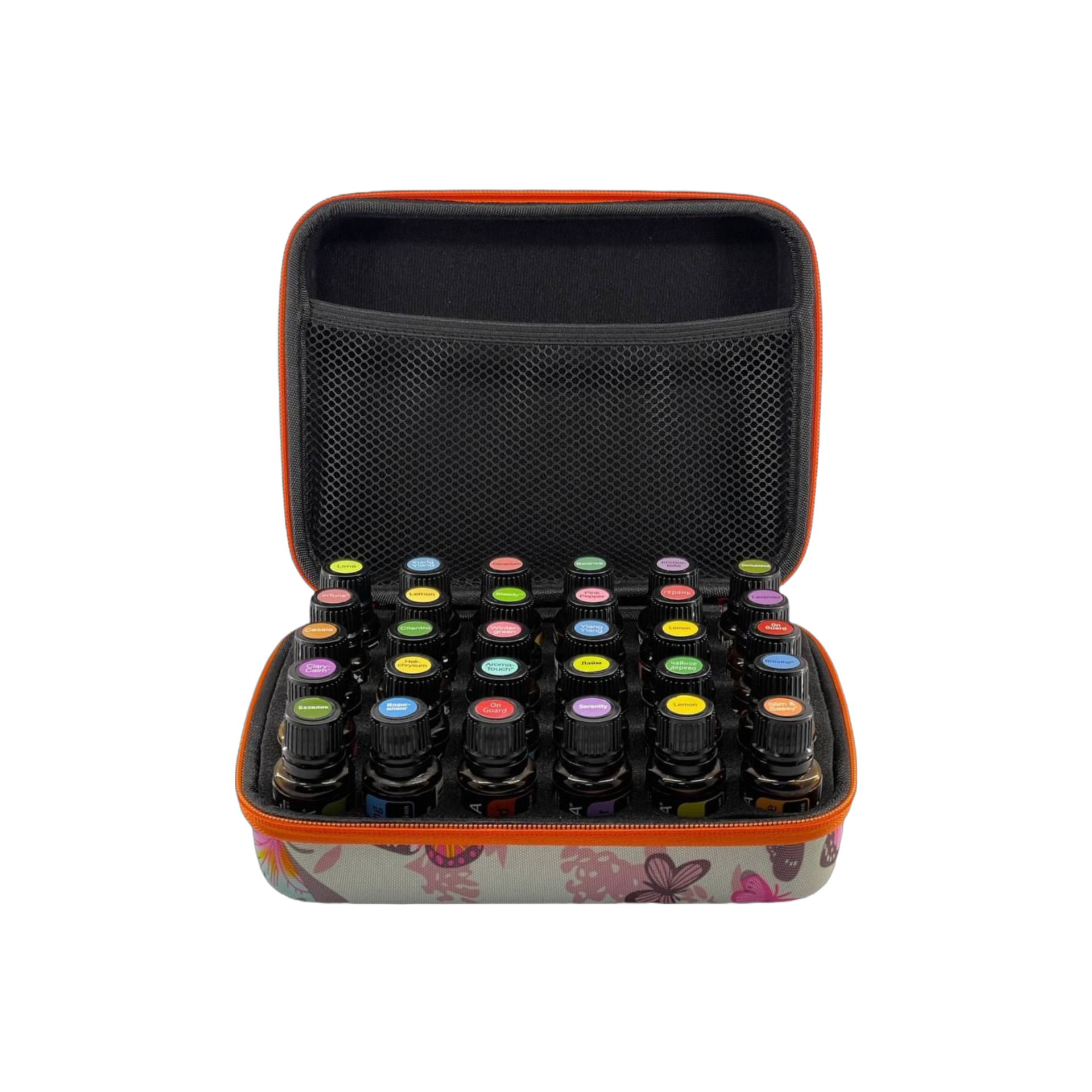 Сумка для эфирных масел «Белая бабочка» на 30 флаконов по 15мл. Оранжевая молния.