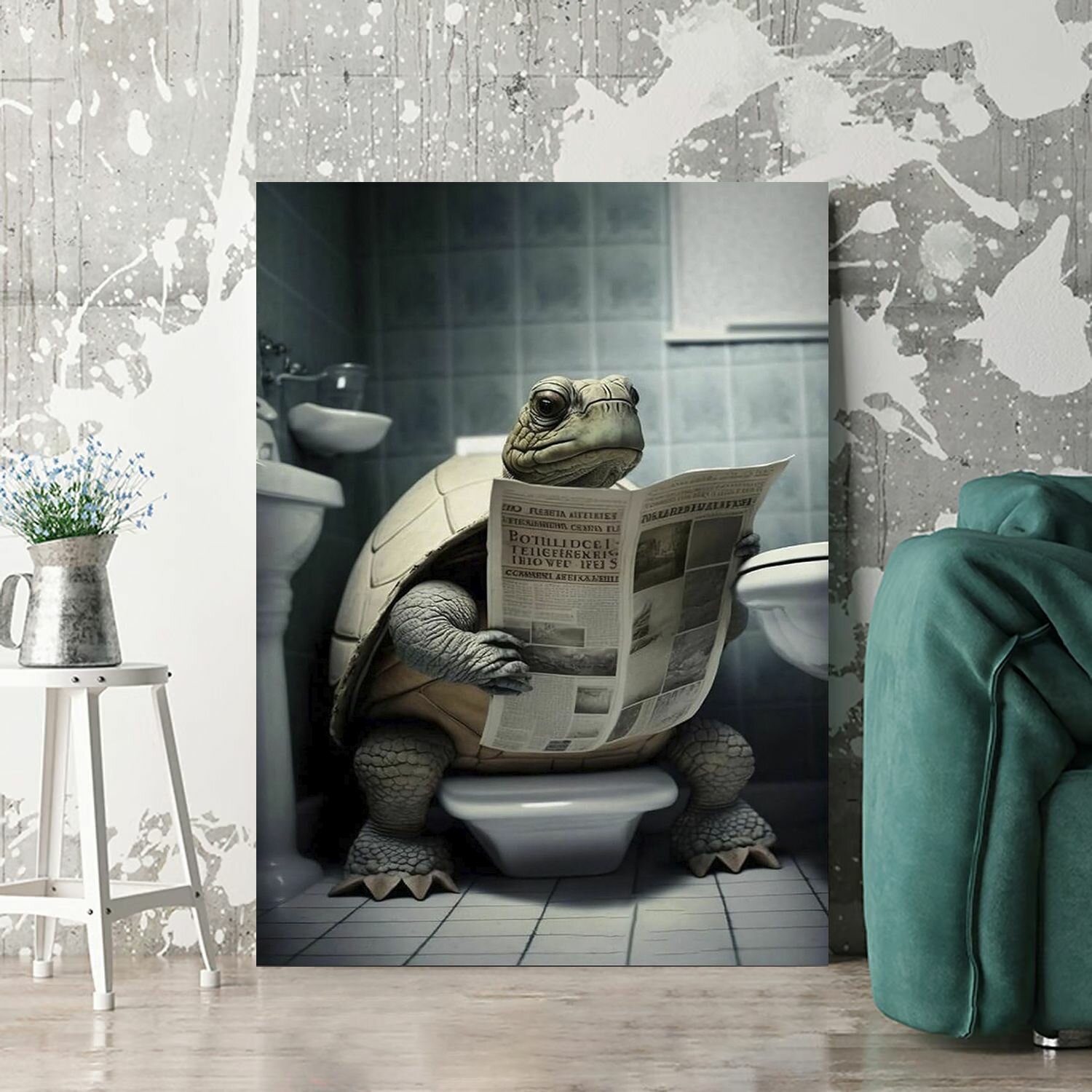 Картина в туалет, ванную комнату Лягушка читает газету, 20х30 см.