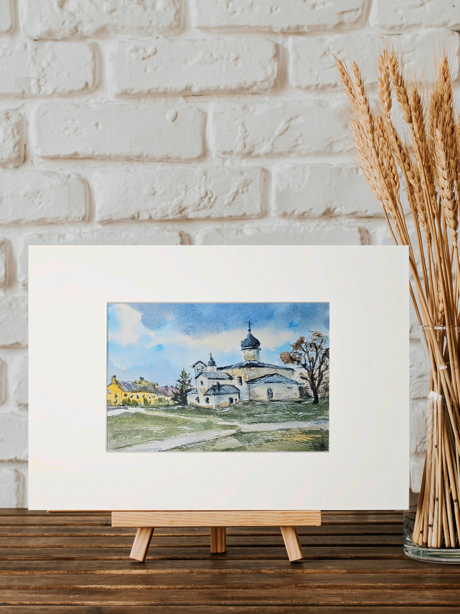 Картина авторская акварельная в паспарту 21х30 см на стену для интерьера "Церковь Нерукотворенного образа на Запсковье"