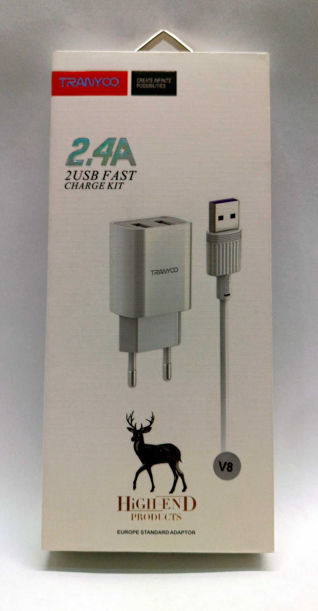 Блок питания 2.4 А на 2 USB + кабель Micro-USB, 1метр, Tranyoo V16