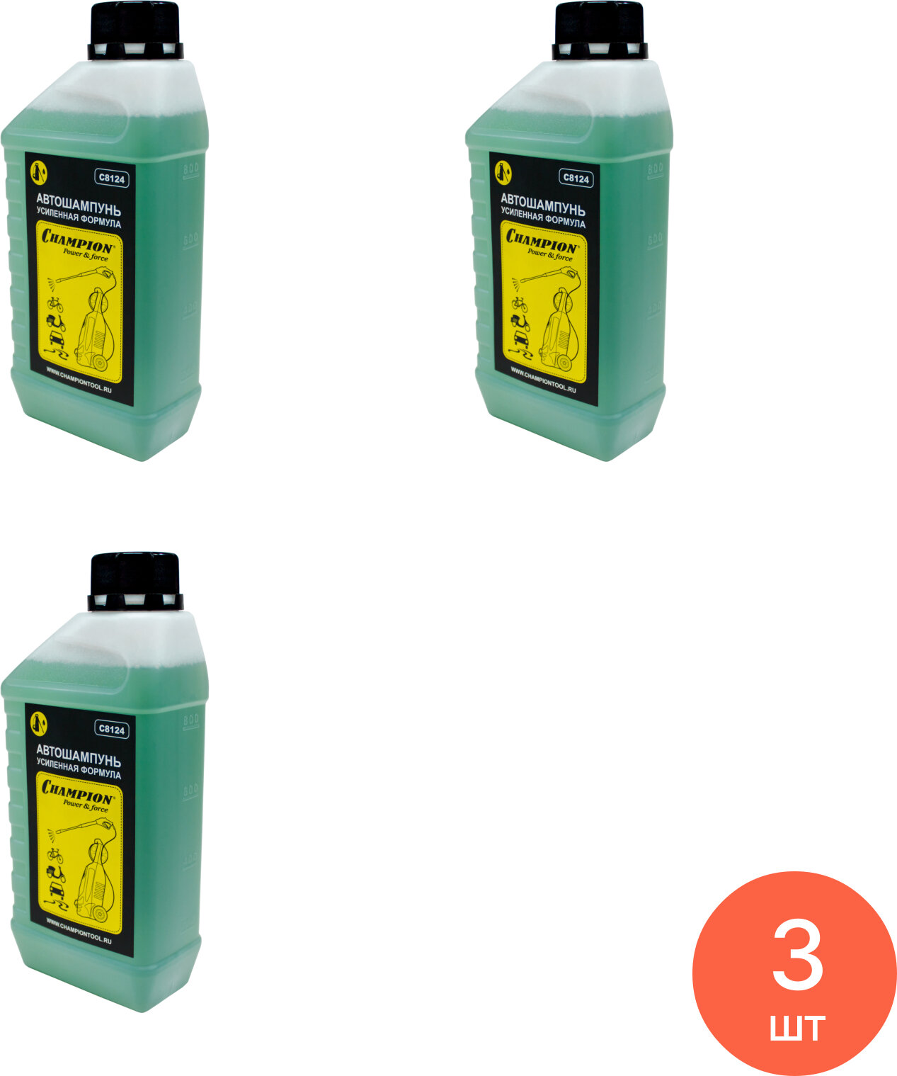 Автошампунь Champion / Чемпион Усиленный для бесконтактной мойки, для жесткой воды, 1л / автохимия (комплект из 3 шт)