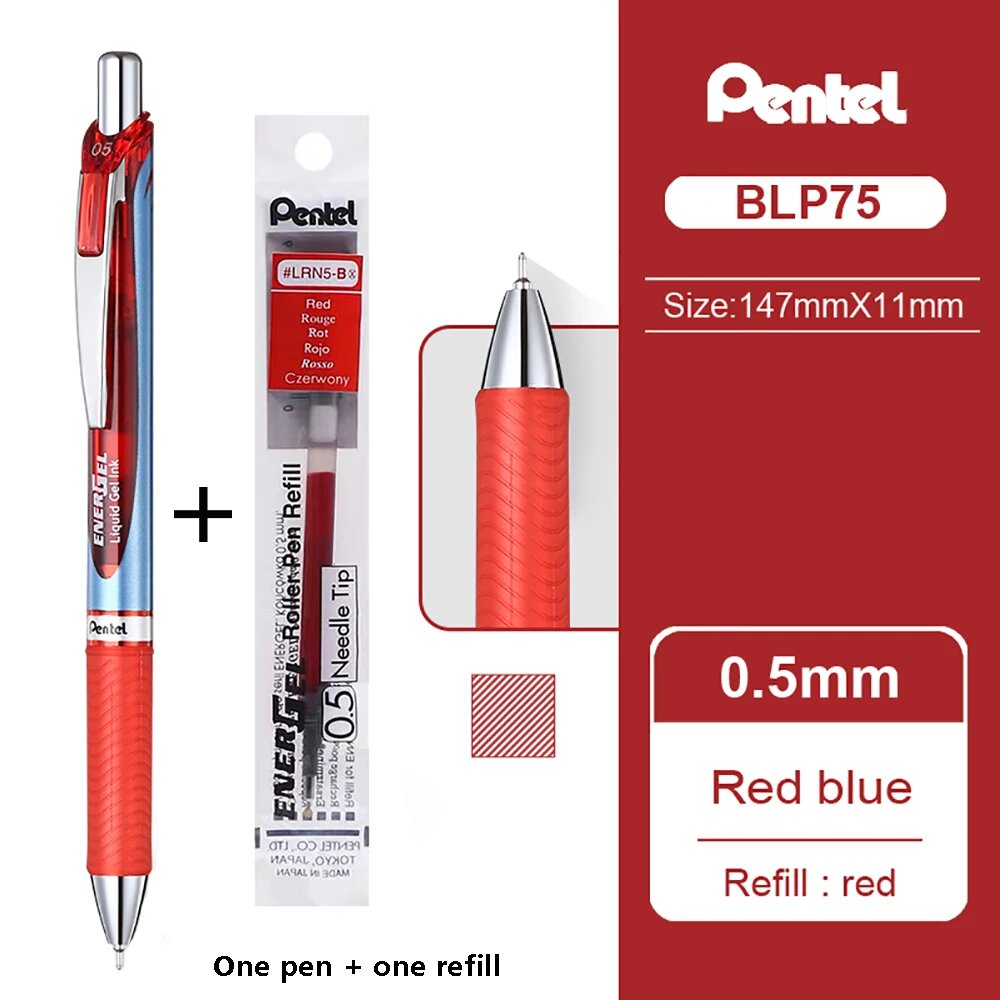 Гелевая ручка Pentel BLN75 Plus 0,5 мм черная Красный, Pen plus refill