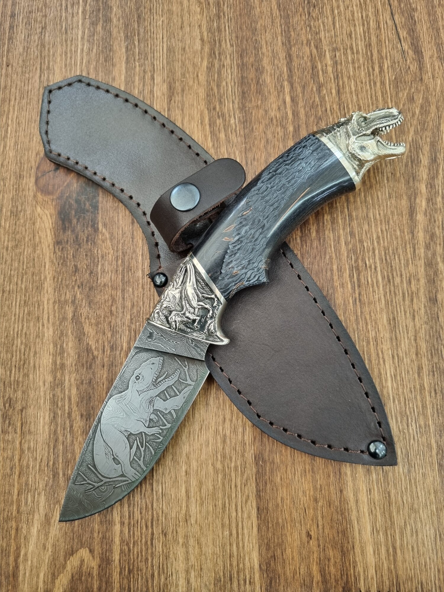 Разделочный нож Мастерская Семина "Динозавр", дамаск, мельхиор/карельская берёза, черный