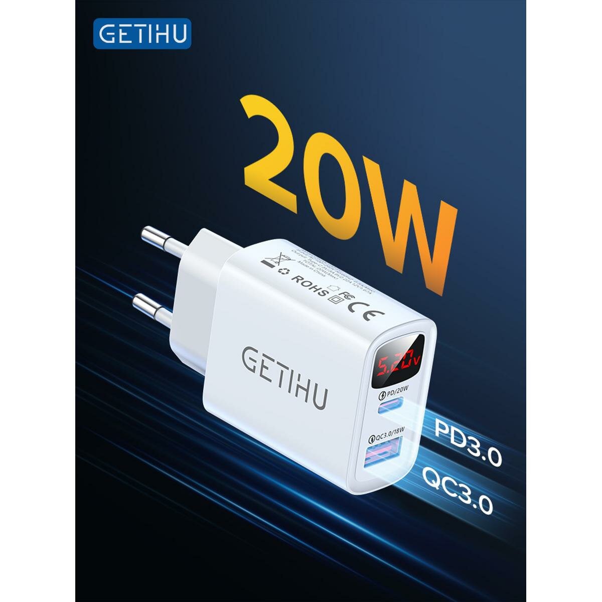 GETIHU PD QC 20 Вт USB зарядное устройство для телефона LED Type C быстрая зарядка портативный ЕС адаптер для iPhone 13 12 11 iPad Huawei Xiaomi Samsung LG