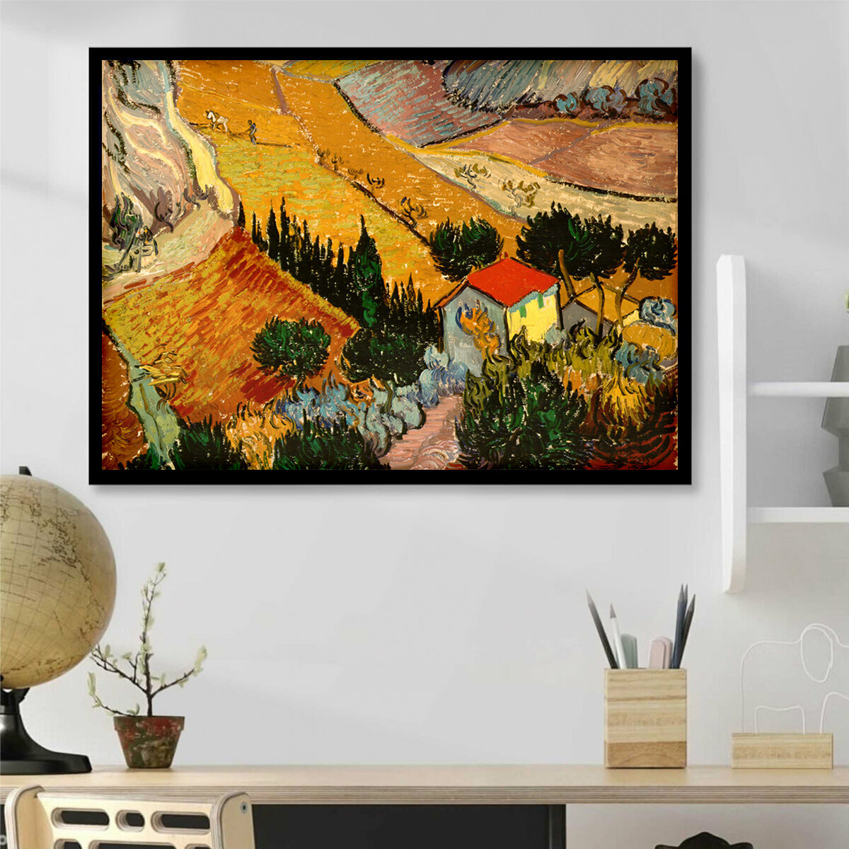Постер "Репродукция Ван Гог Долина с пахарем пейзаж " 40х50 см в черной рамке на стену для интерьера