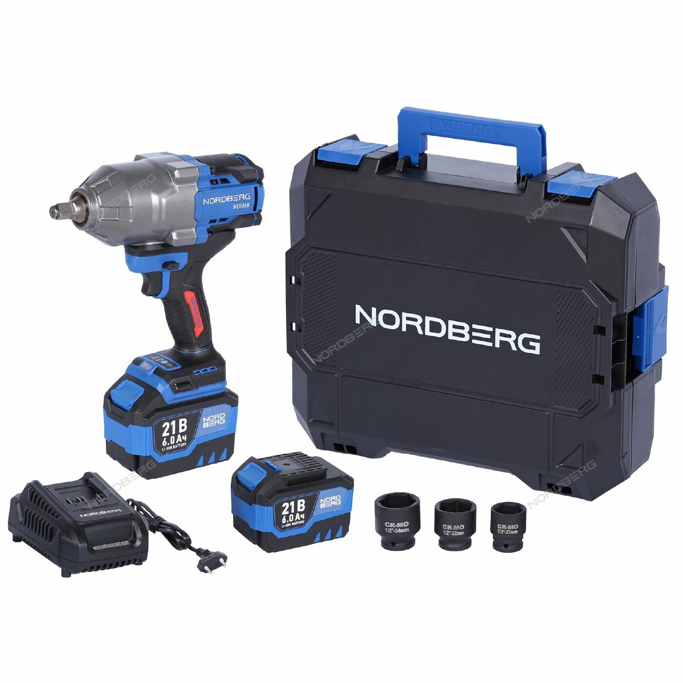 NORDBERG NE806K-1/2 Гайковерт аккумуляторный, 1/2", 21В, 1500 Нм с двумя 6A аккум. и зар. уст-вом, в кейсе