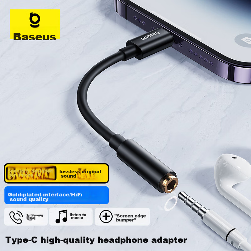 Baseus Type-C to 3.5mm Headphone Adapter, USB-C to Audio Cable Converter, Compatible with Xiaomi 12/11/Huawei Mate40Pro/P50 Android Phones, Black