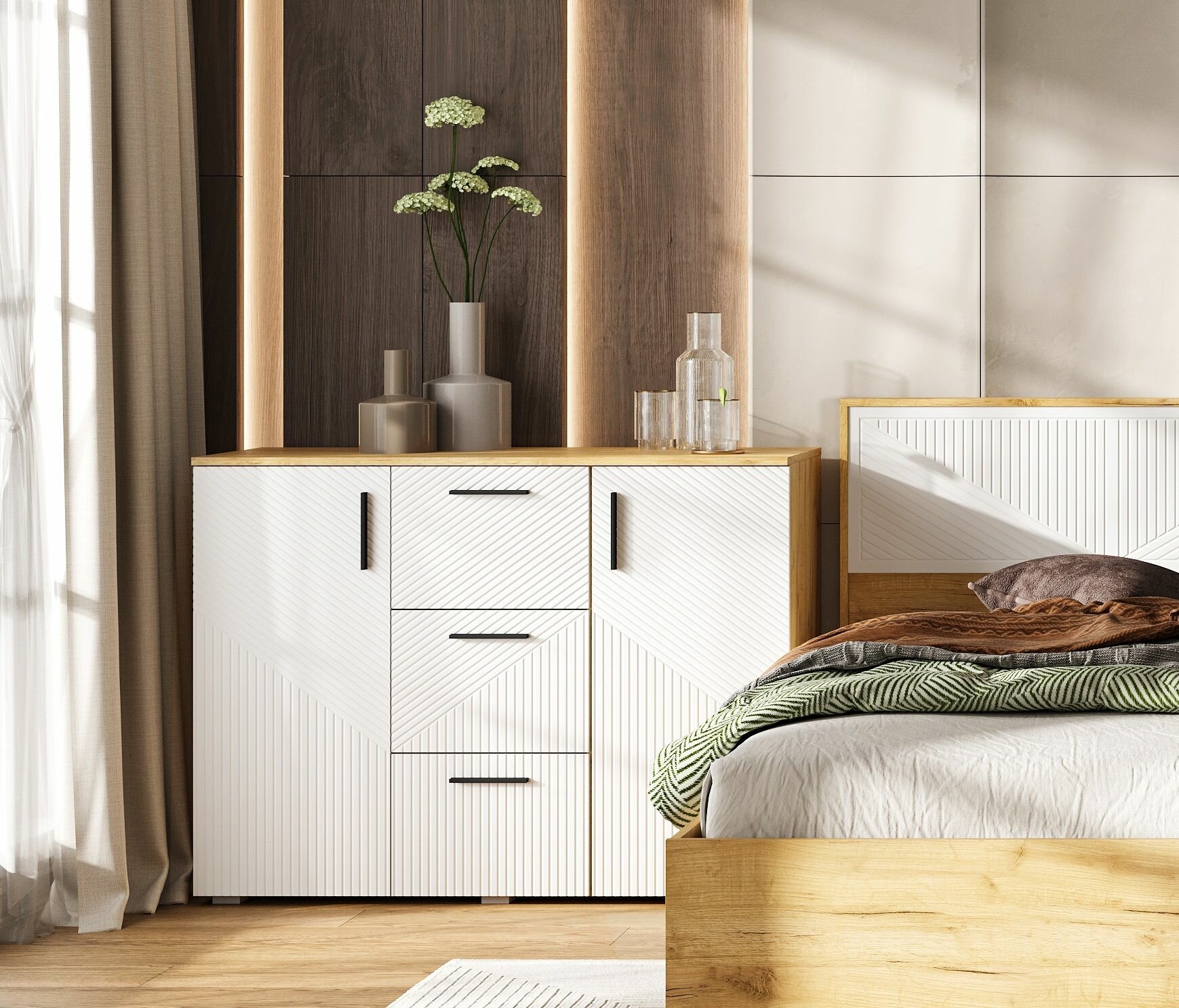 Сильвия Комод 3 ящика 2 двери 1200 мм Браш Вайт, Дуб Крафт