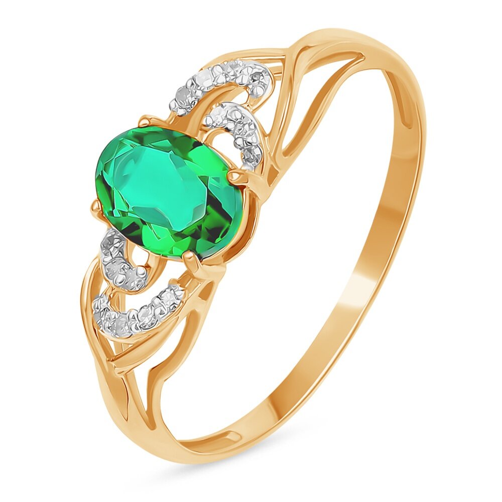 Кольцо, красное золото, 585 проба, родирование, изумруд синтетический, бриллиант