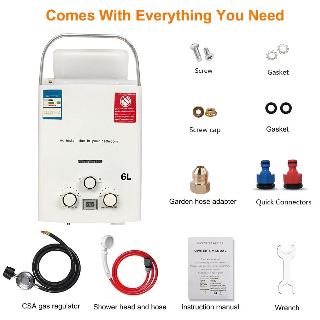 Газовый водонагреватель, белый, портативный, для кемпинга, 12кВт, 6л