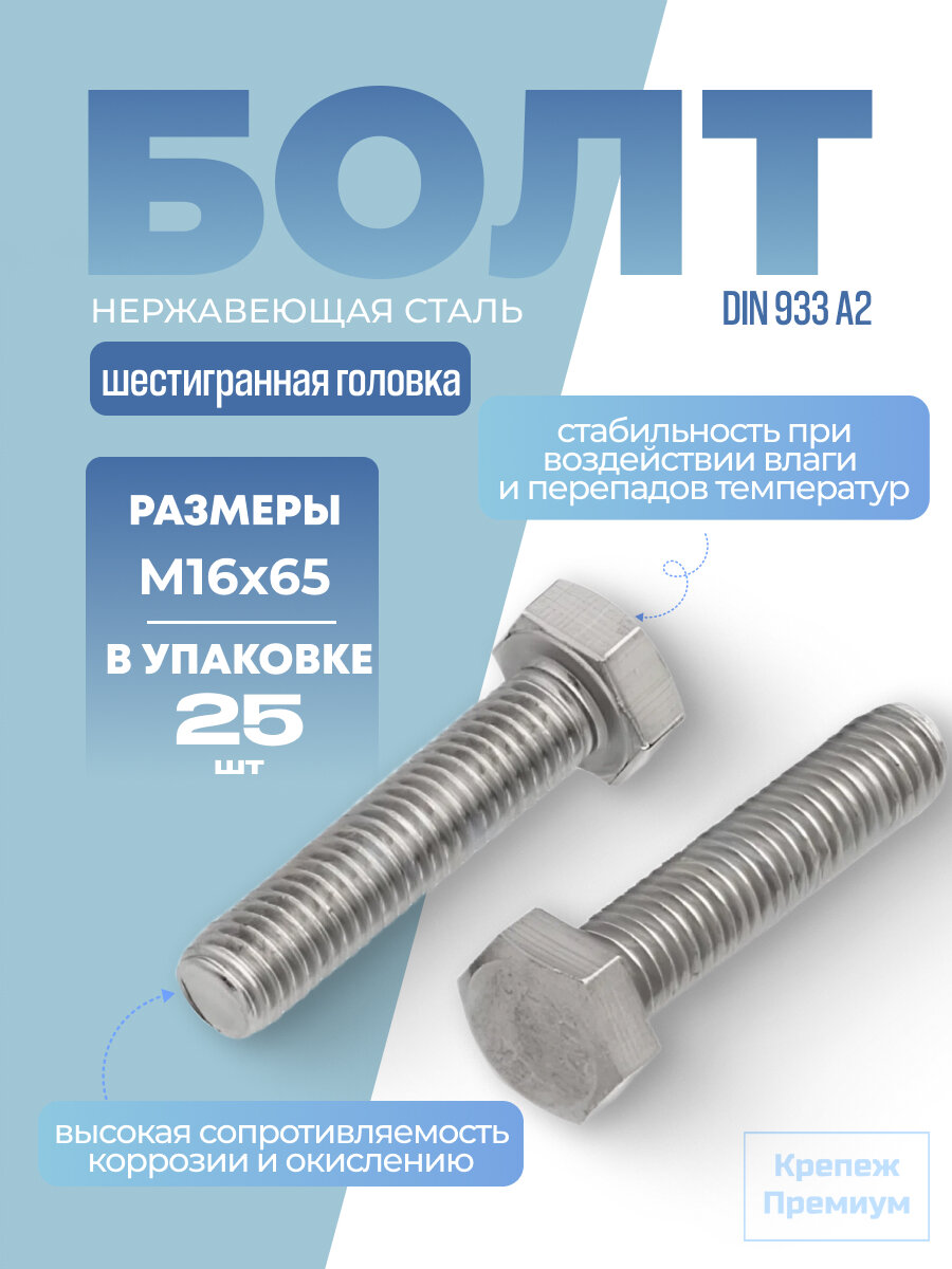 Болт DIN 933 А2 M 16х65 с шестигранной головкой, полная резьба в упак 25 шт