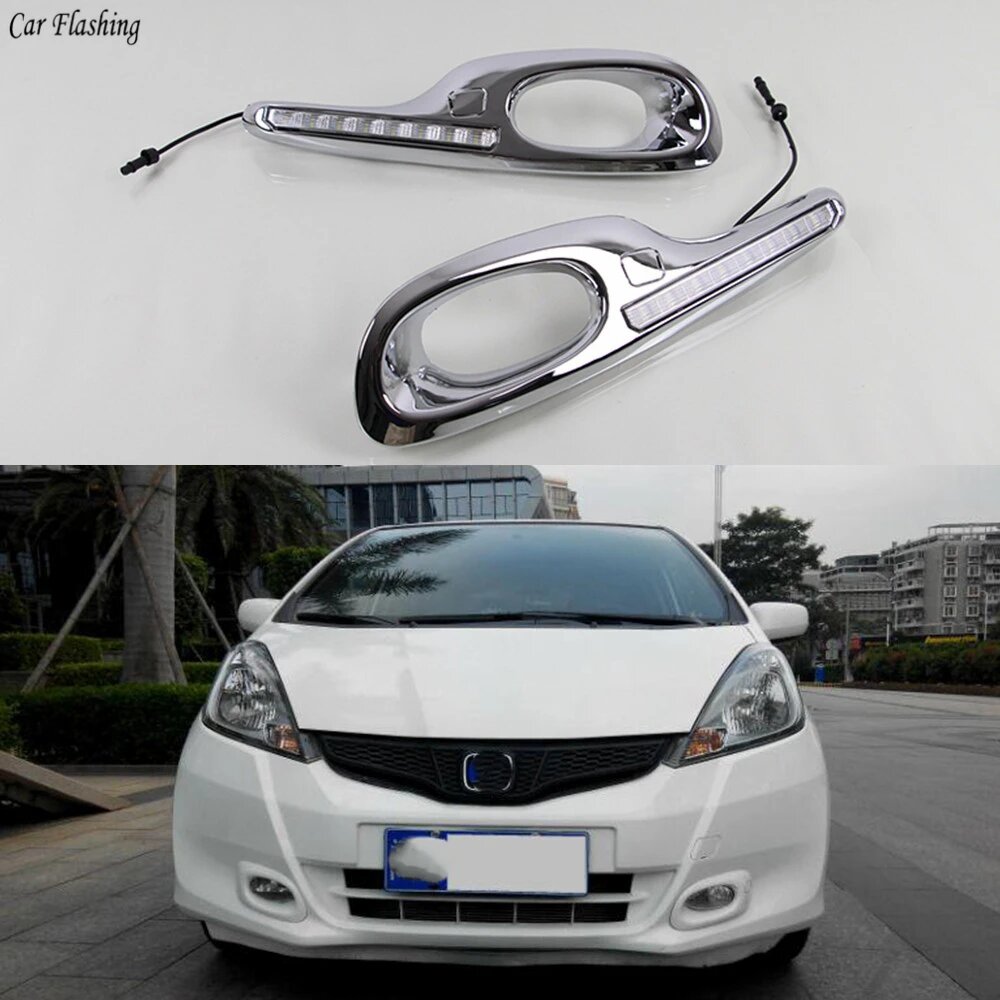 Автомобильные дневные ходовые огни для Honda Jazz fit 2011 2012 2013 DRL Противотуманные фары дальнего света с желтым указателем поворота White