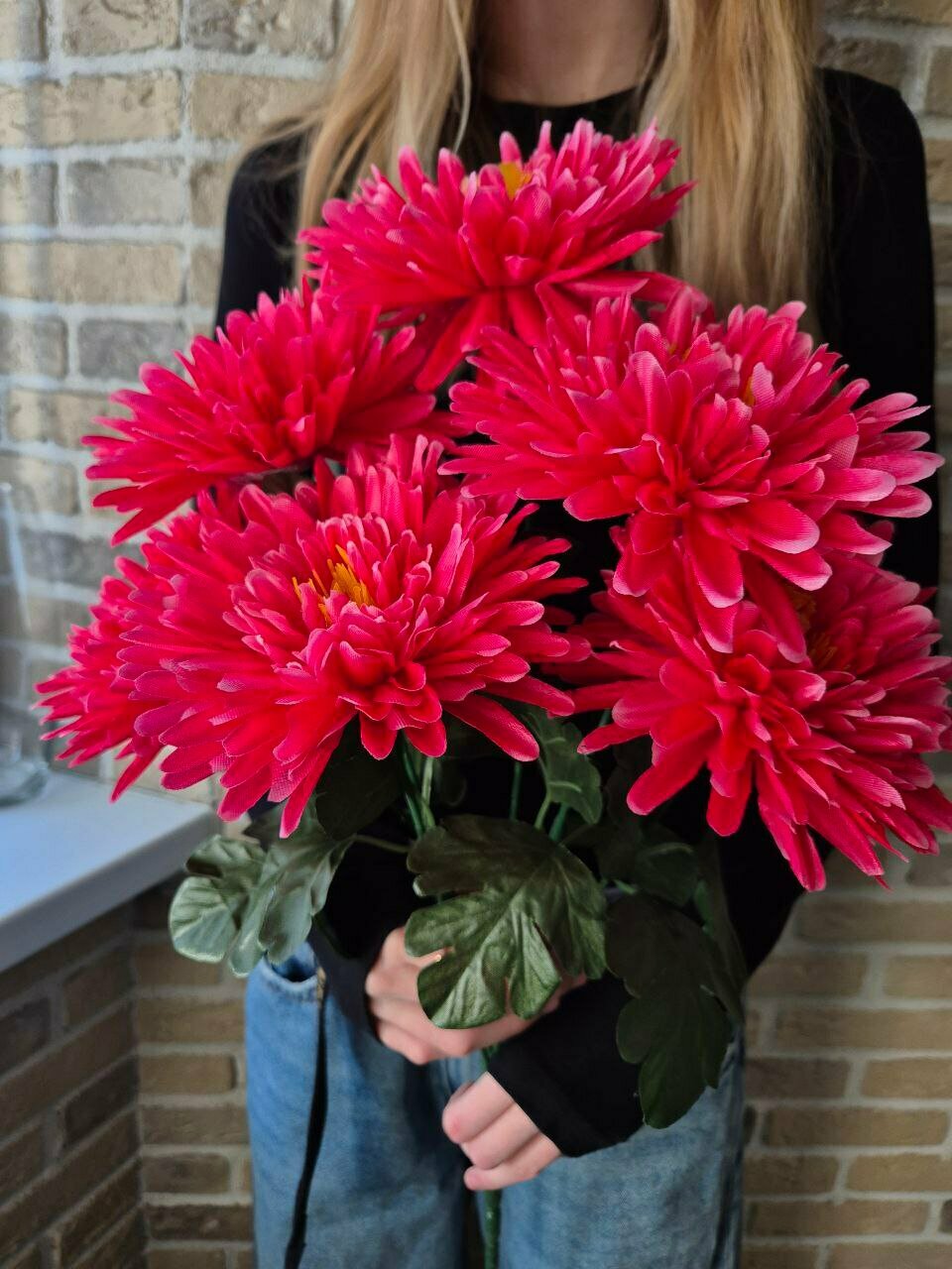 Искусственные цветы георгины хризантемы 55 см малиновые