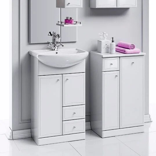 Тумба Aqwella Барселона H5/1/К с бельевой корзиной, напольная, 50 см, белая, глянцевая, из МДФ, с выдвижными ящиками, с дверками