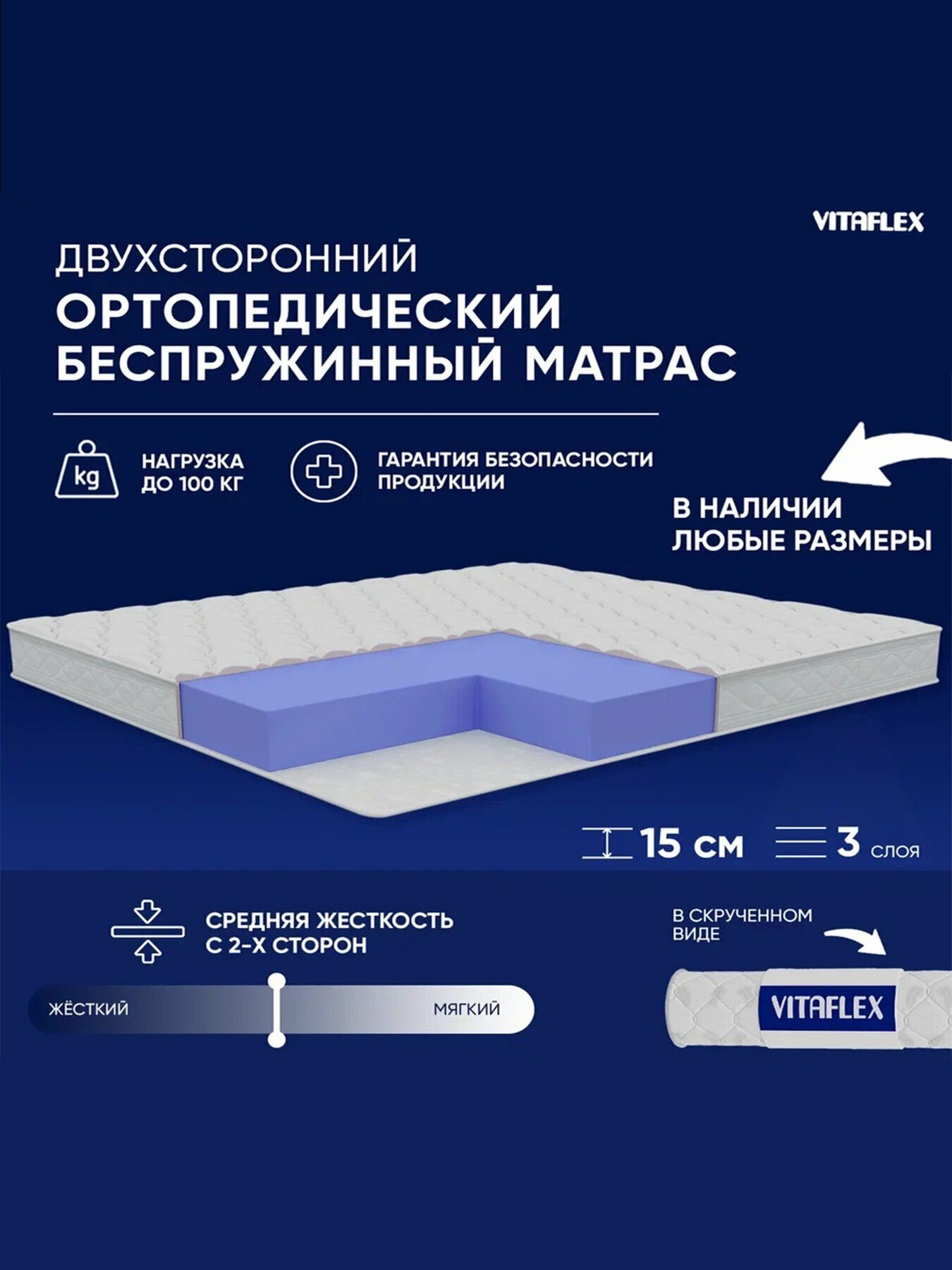 Матрас беспружинный 70х185 Vitaflex Soft Tricot 14Sk, ортопедический, детский, средняя жесткость, ППУ, в рулоне