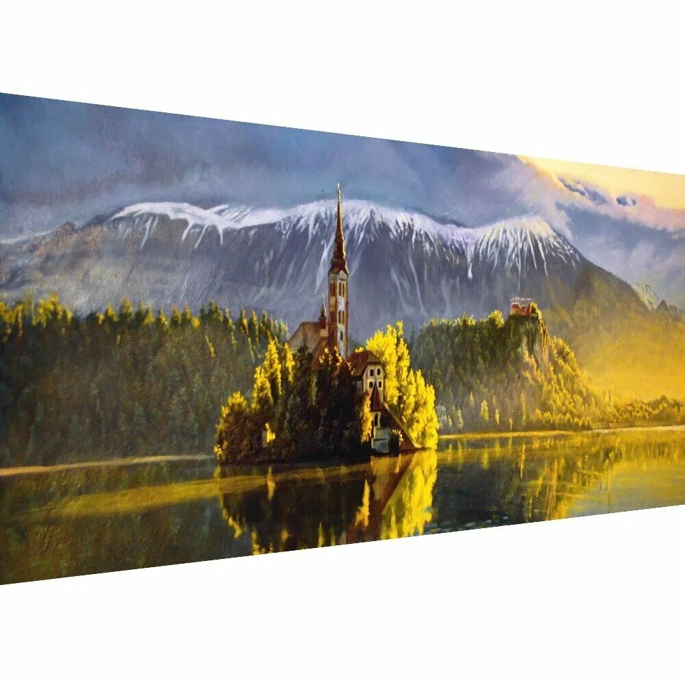 Алмазная мозаика "Церковь на озере" / Алмазная вышивка / Круглая картина стразами Полная выкладка 140х50 см размер холста, 135х45 см размер картины(без подрамника, без рамки)