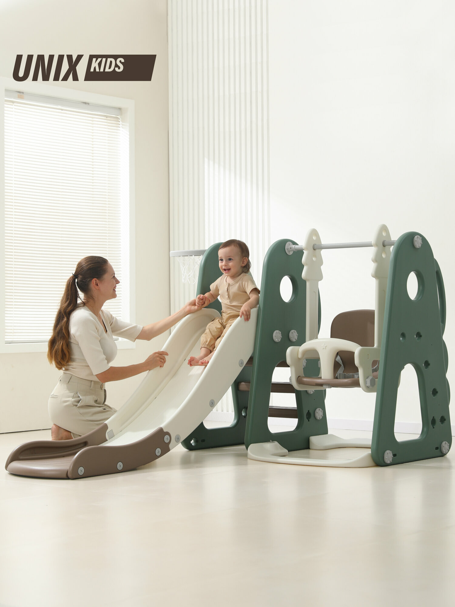 Горка с качелями и баскетбольным кольцом UNIX Kids Dino Green детский игровой комплекс пластиковый для дома и улицы