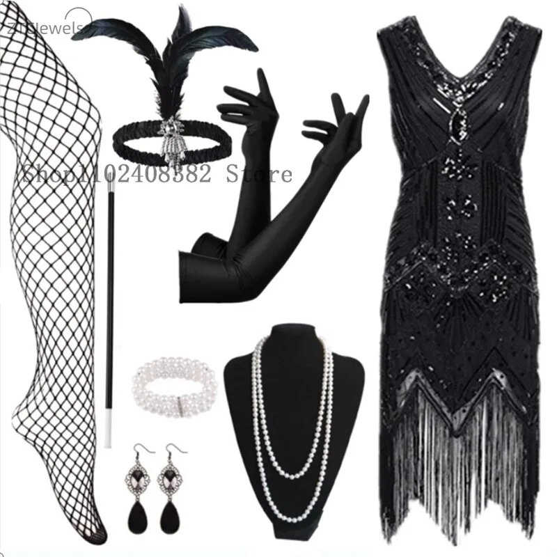 Платье-флаппер 1920-х годов, полиэстер Черный, L, black dress set