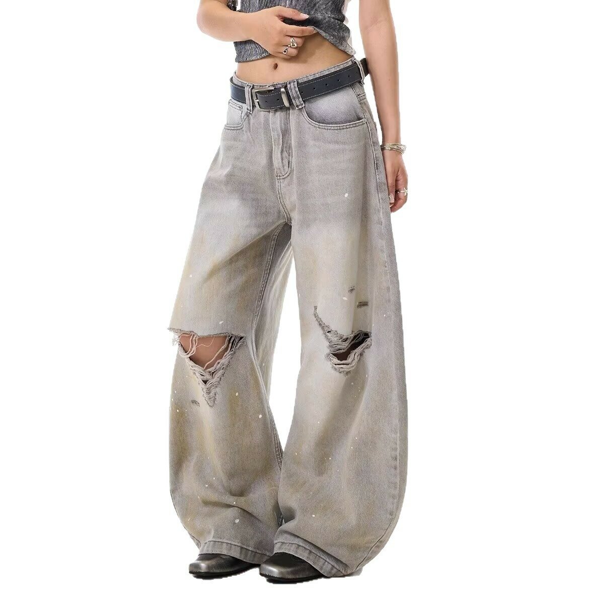 Женские джинсы Версия повышения Американские рваные с пятнами — cleanfit унисекс пара свободные широкие штаны