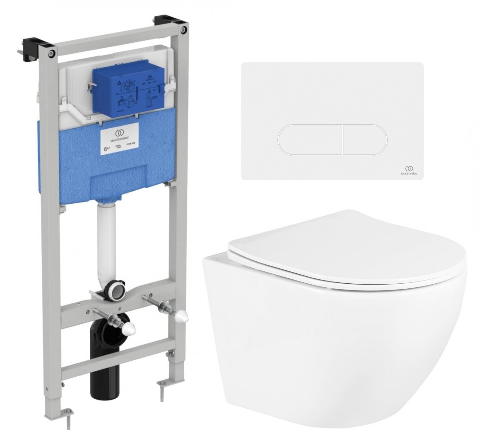 Комплект 3 в 1 инсталляция Ideal Standard + Унитаз подвесной BelBagno Uno BB3105CHR/SC + кнопка белая