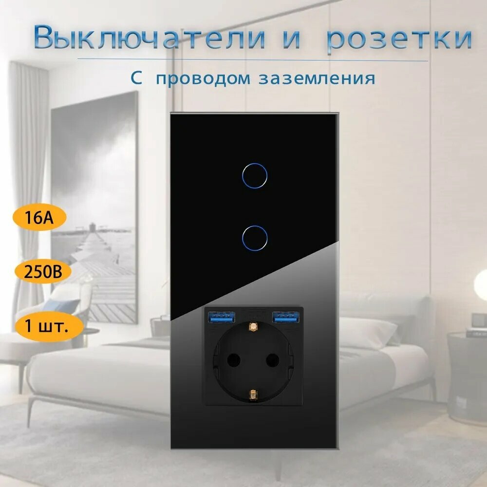 Сенсорный выключатель и 2 USB розетка. Выключатель 2 клавиши. Розетка 1 пост. Черный