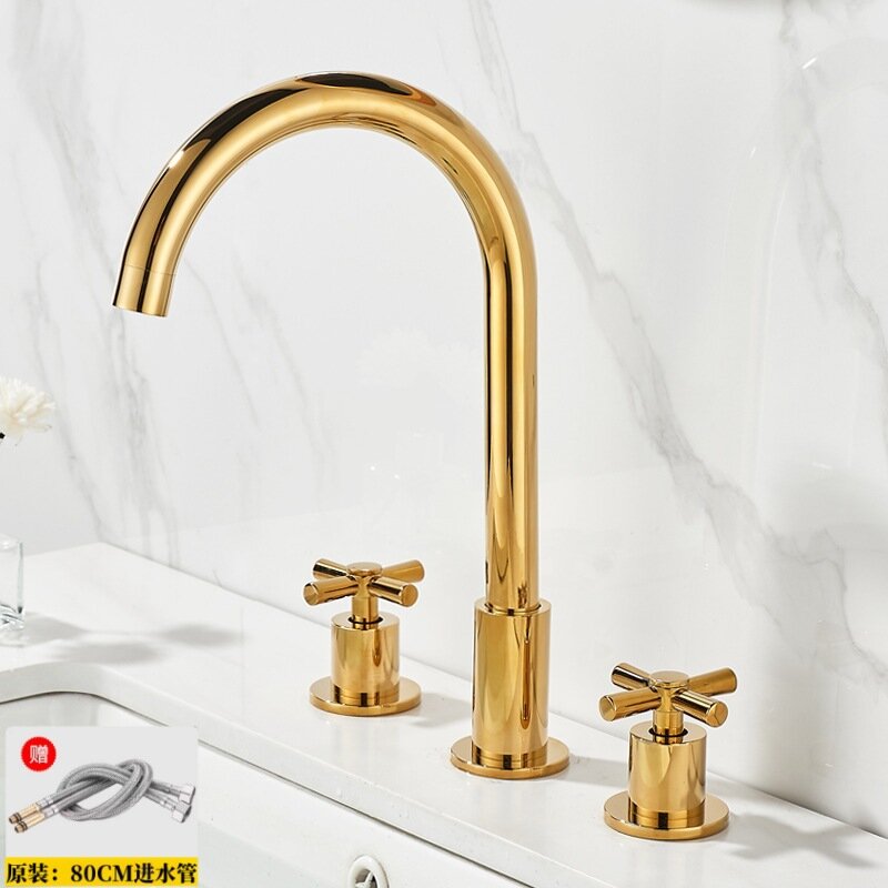 Европейский стиль золотой полностью медный вращающийся трехотверстный смеситель для раковины, трехкомпонентный набор, разделенный двойной ручкой, двойное управление горячей и холодной водой