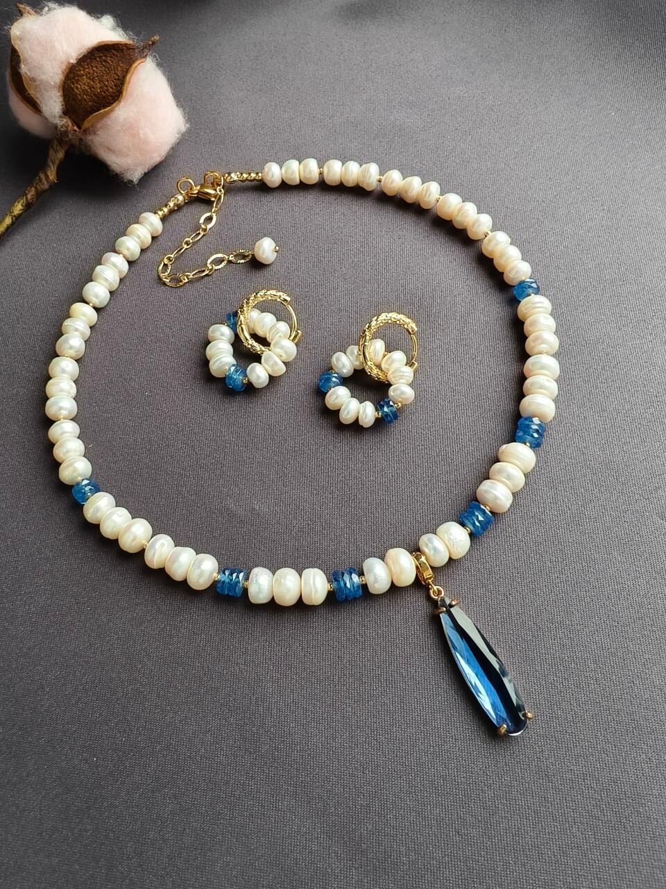 Комплект бижутерии: колье, серьги, танзанит, жемчуг культивированный