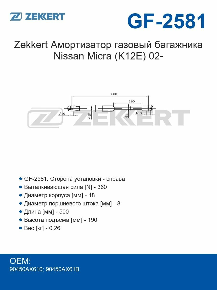 Zekkert Амортизатор газовый багажника Nissan Micra (K12E) 02-