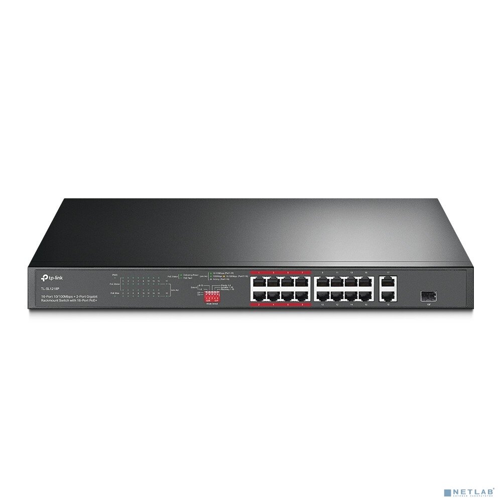 TP-Link TL-SL1218P Коммутатор с 16 портами PoE+ 10/100 Мбит/с, гигабитным портом RJ45 и комбинированным портом RJ45/SFP