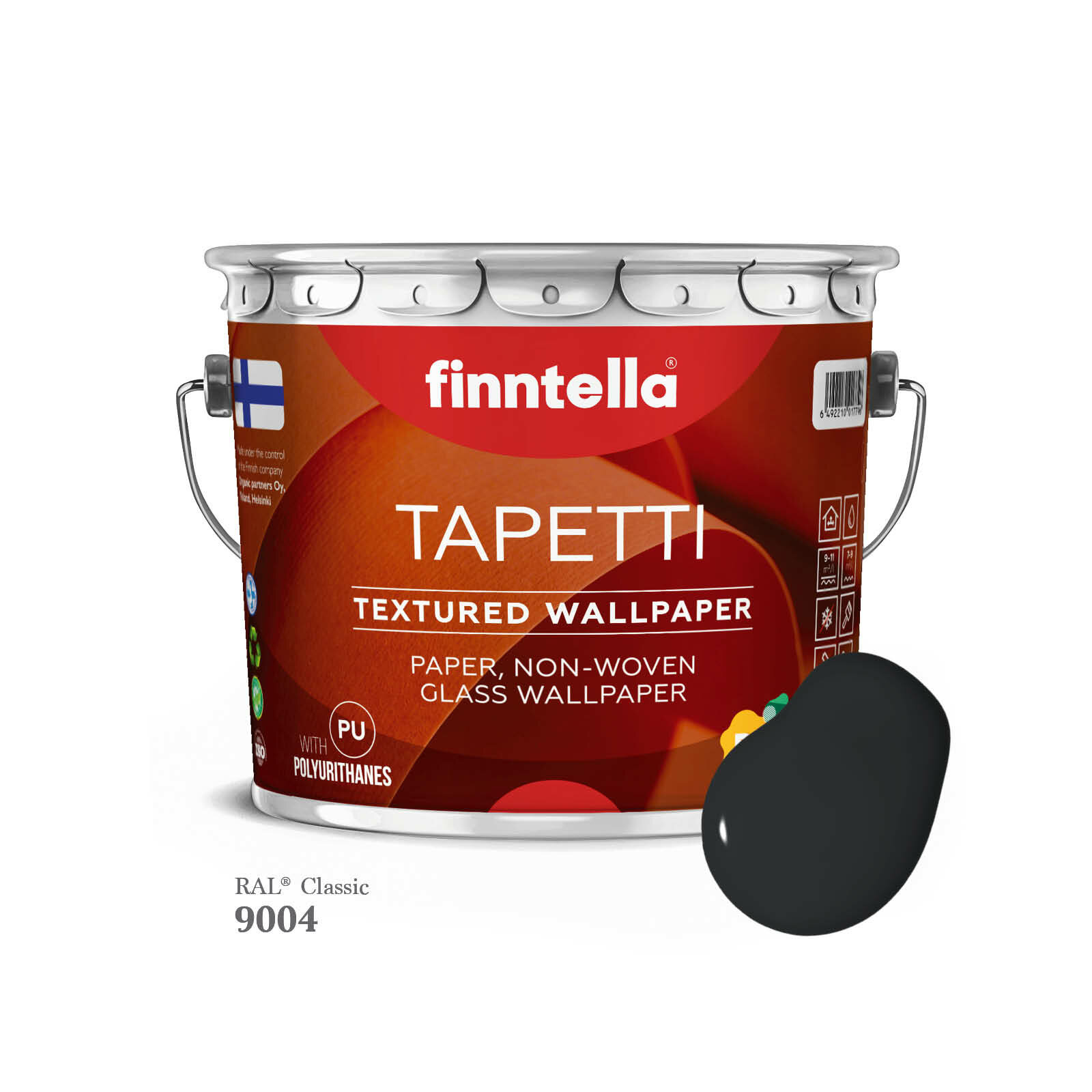 Шелковисто-матовая краска для обоев под окраску TAPETTI SILKKI Matta FINNTELLA, Цвет RAL 9004 Сигнальный черный (Signal black), 2,7л