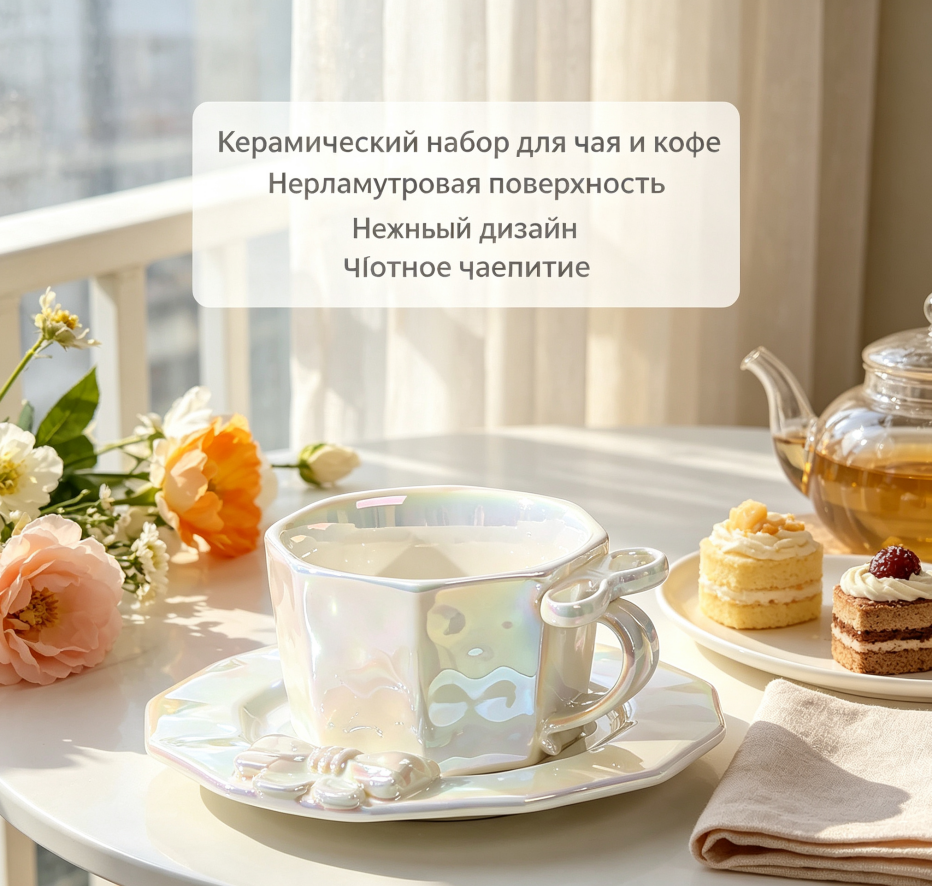 Керамический набор кружка с блюдцем с объемным бантом, перламутровая глазурь, красивая чашка для кофе и чая