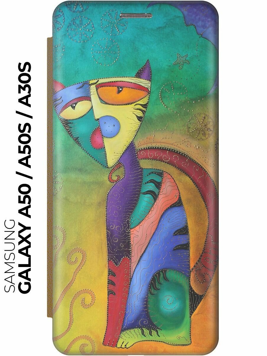 Чехол-книжка Разноцветный котик на Samsung Galaxy A50 / A50s / A30s / Самсунг А50 / А30с / А50с золотой